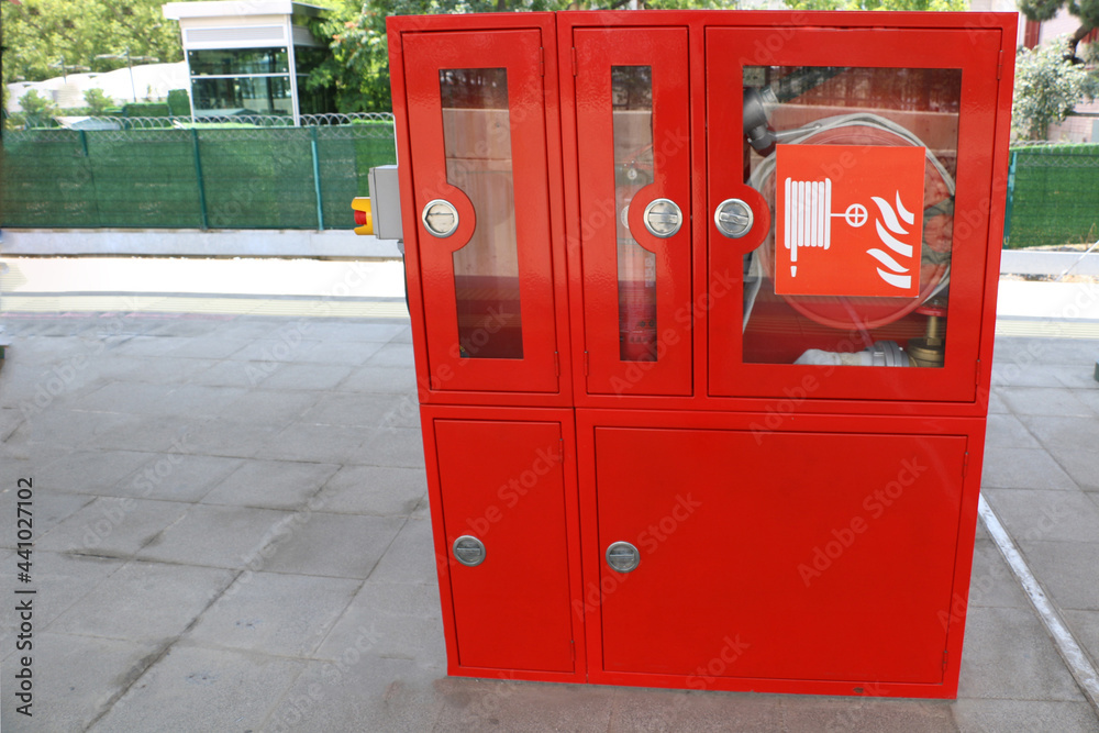selective focus Fire extinguisher cabinets used in subway stations and ...