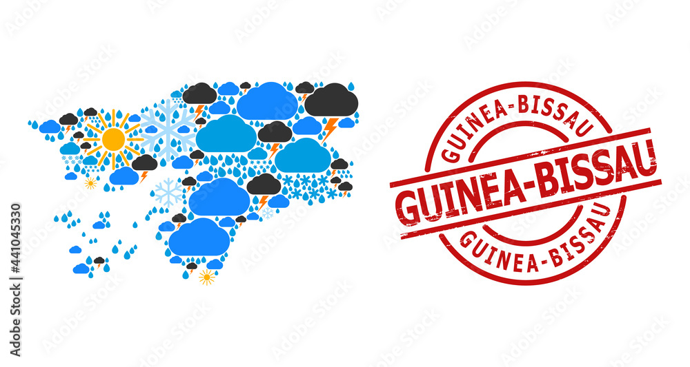 Climate mosaic map of Guinea-Bissau, and grunge red round seal ...