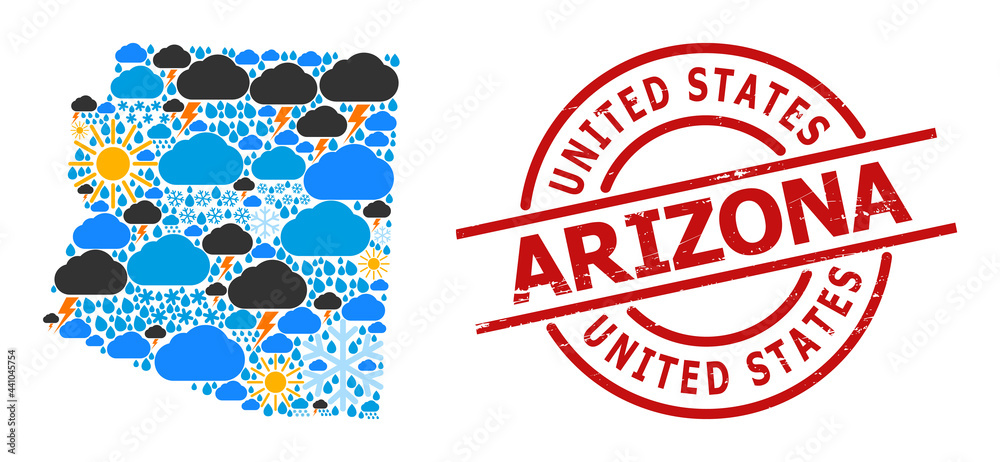 Weather mosaic map of Arizona State, and textured red round stamp seal ...