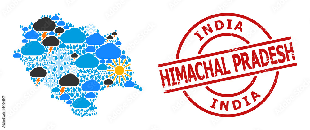 Climate collage map of Himachal Pradesh State, and textured red round ...