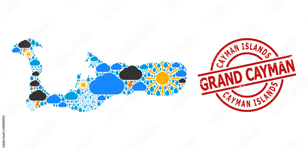 Climate mosaic map of Grand Cayman Island, and rubber red round stamp ...