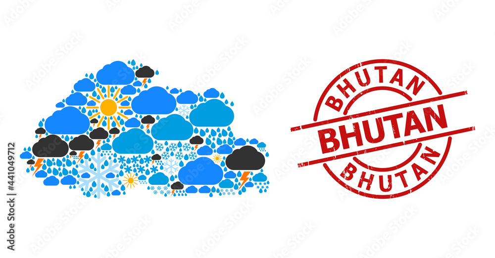 Weather mosaic map of Bhutan, and distress red round stamp. Geographic ...