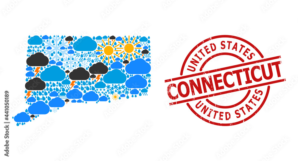 Climate collage map of Connecticut State, and rubber red round seal ...