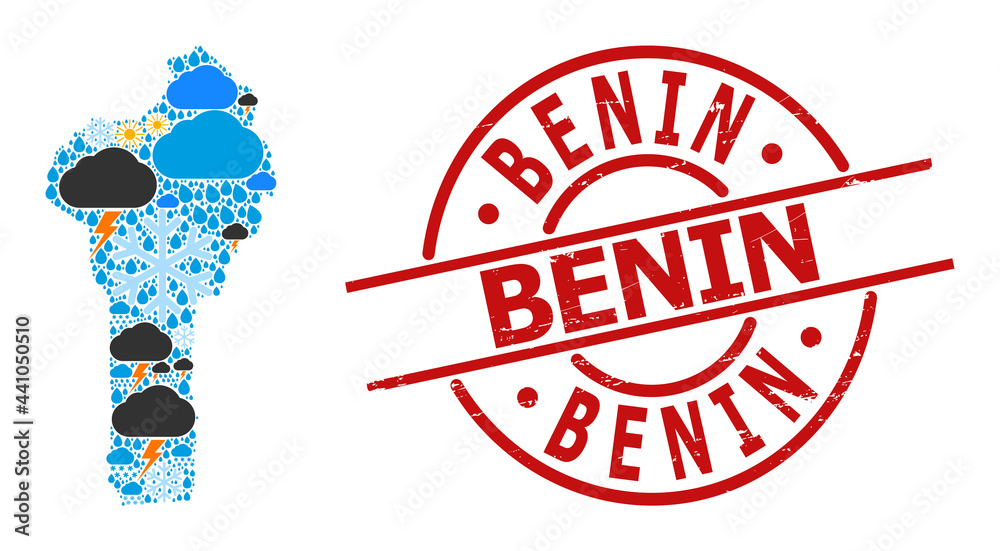 Climate collage map of Benin, and distress red round seal. Geographic ...