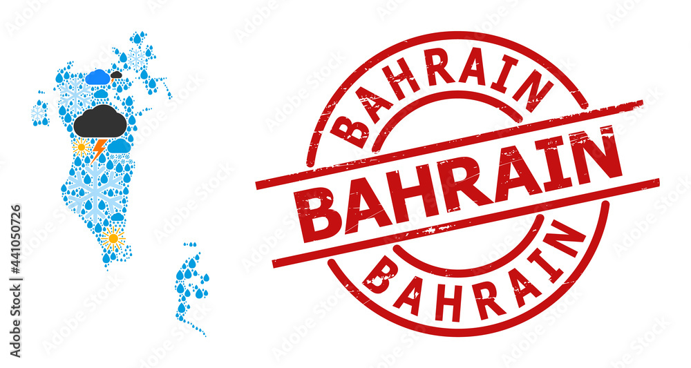 Weather mosaic map of Bahrain, and rubber red round badge. Geographic ...