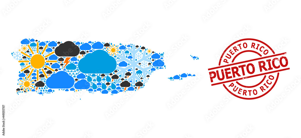 Climate collage map of Puerto Rico, and textured red round seal ...