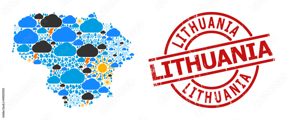 Climate pattern map of Lithuania, and scratched red round seal ...