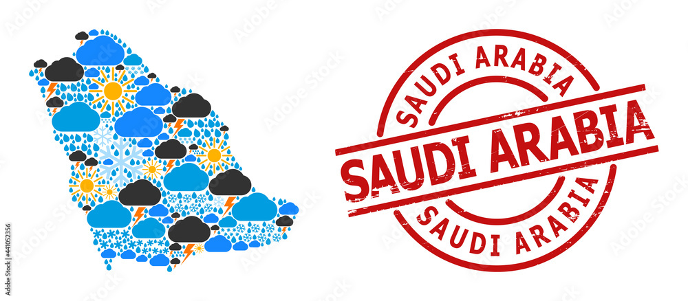 Climate collage map of Saudi Arabia, and textured red round stamp ...