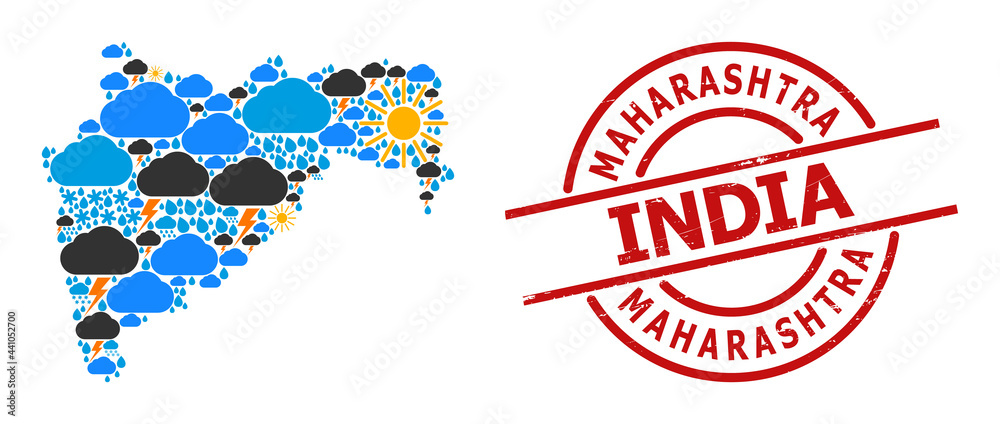 Climate collage map of Maharashtra State, and textured red round stamp ...