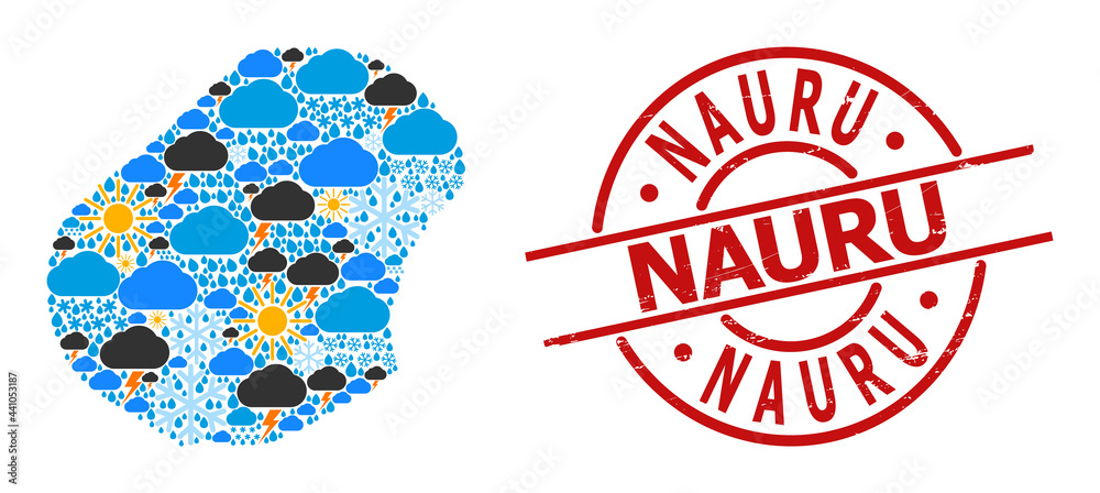 Climate mosaic map of Nauru, and rubber red round seal. Geographic ...