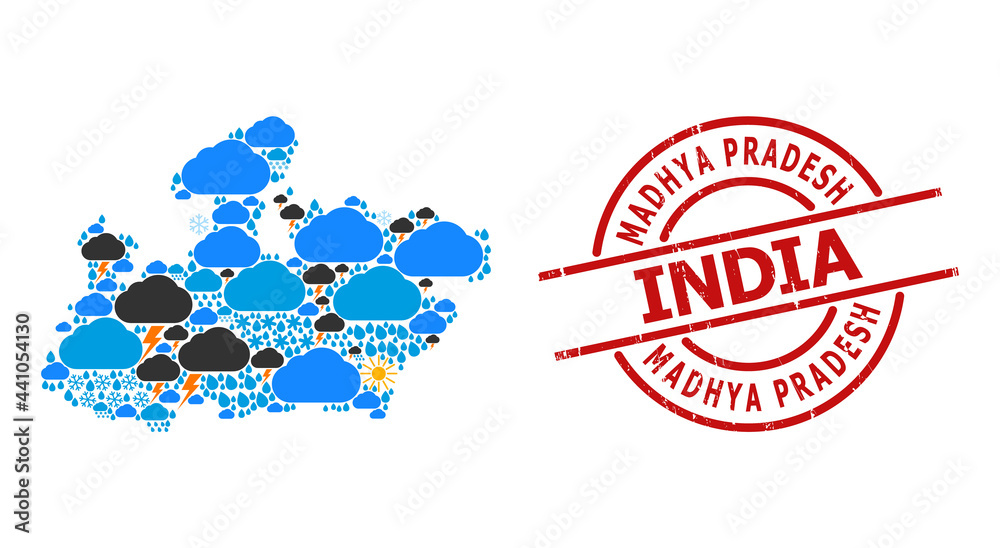 Climate collage map of Madhya Pradesh State, and scratched red round ...
