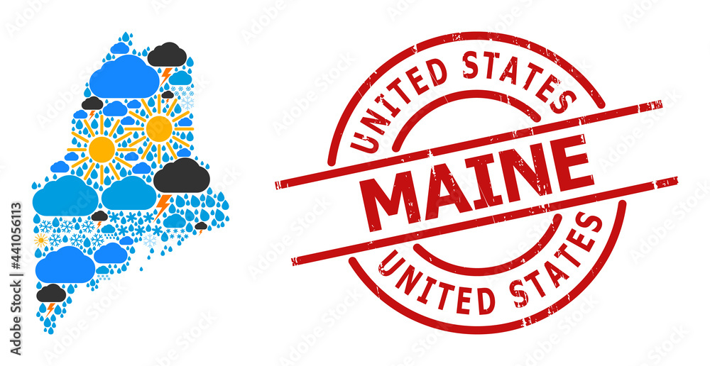 Climate pattern map of Maine State, and scratched red round stamp seal ...