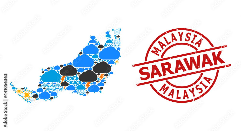Climate mosaic map of Sarawak, and grunge red round seal. Geographic ...
