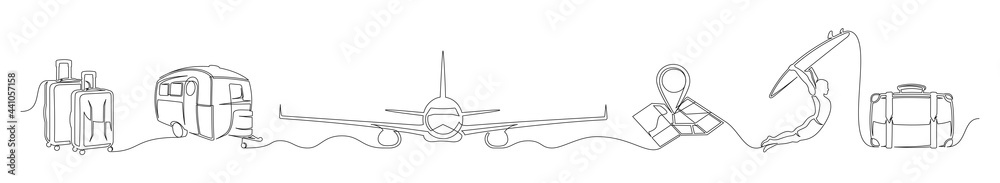 Set of continuous one line drawing of a travel theme. One line of ...