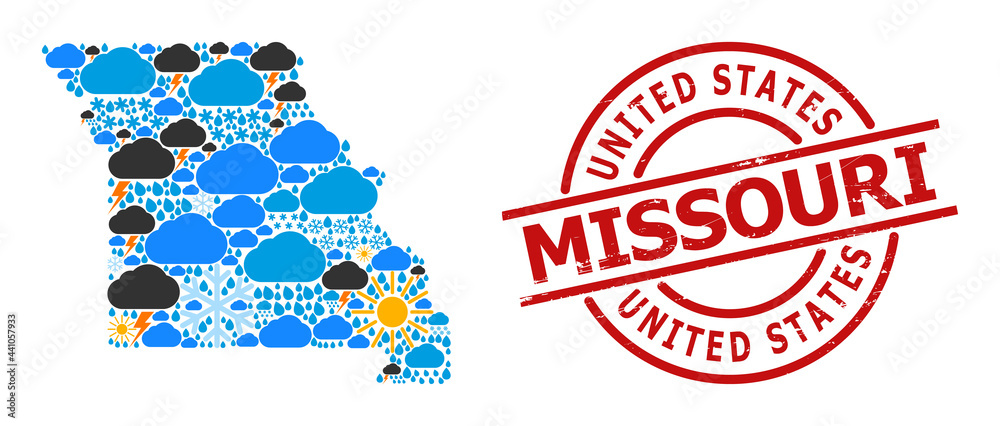 Climate collage map of Missouri State, and distress red round stamp ...