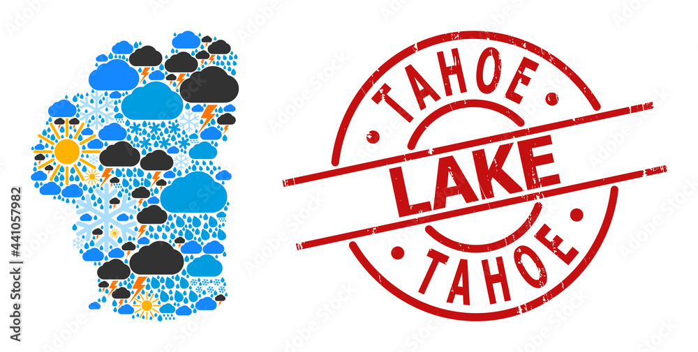 Climate mosaic map of Tahoe Lake, and textured red round seal ...