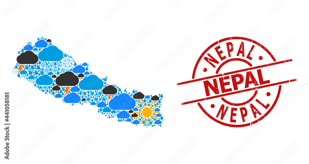 Weather pattern map of Nepal, and scratched red round badge. Geographic ...