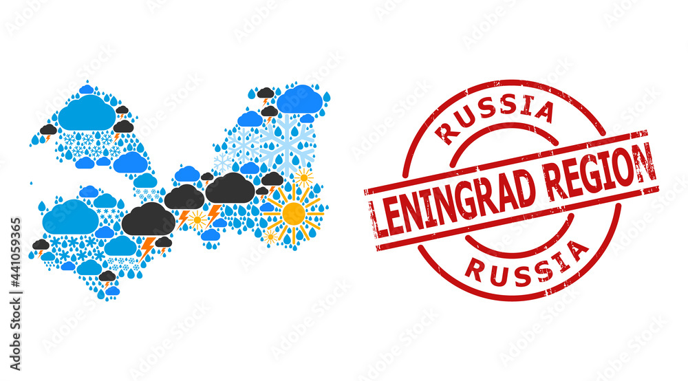Climate mosaic map of Leningrad Region, and textured red round stamp ...