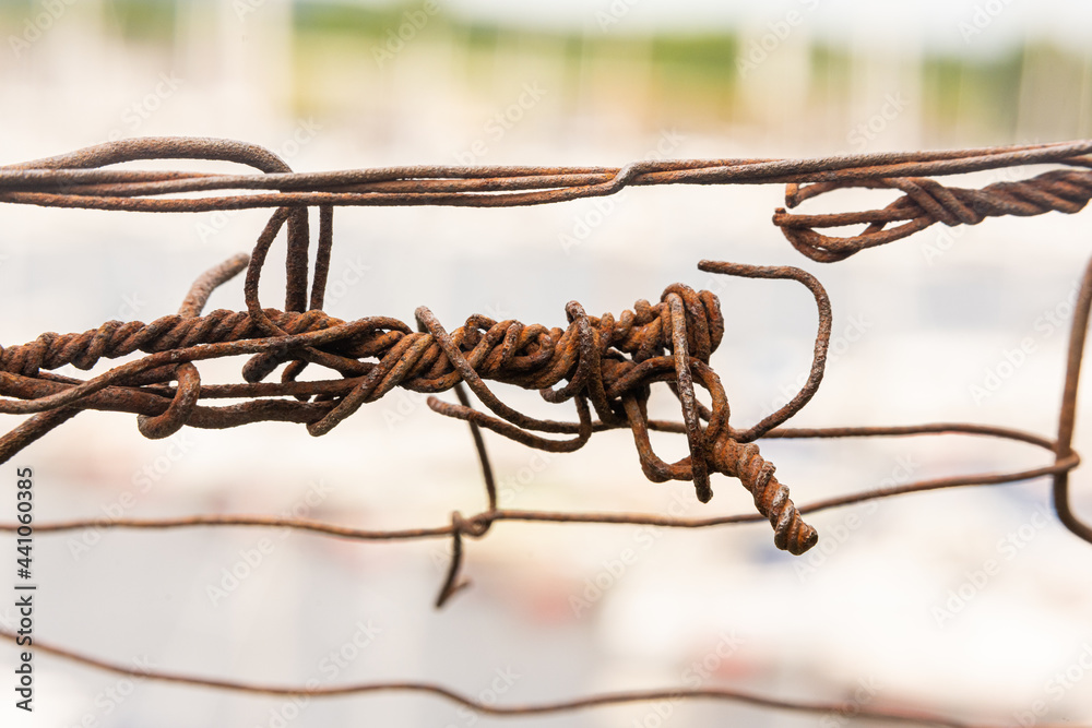 Rusted and twisted metal wire fence on white and green background with ...
