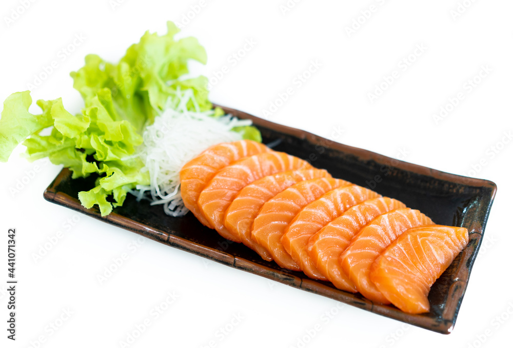 Salmon Sashimi in Japanese buffet restaurant menu.Fresh salmon fillet ...