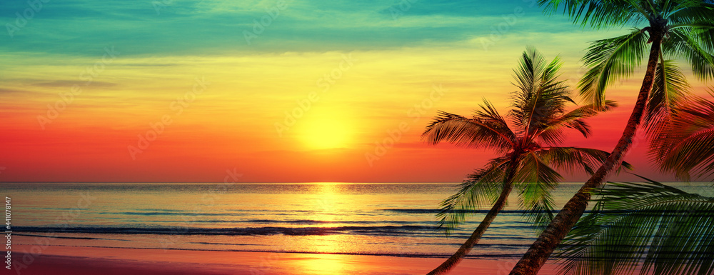 Beautiful sunset beach landscape, exotic tropical island nature, blue ...