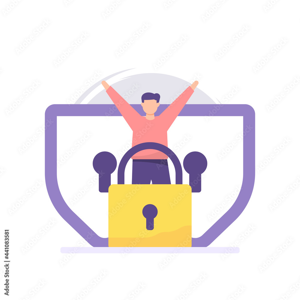 illustration of happy people, padlocks, two shields. double protection ...