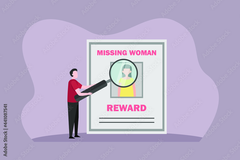 Missing people vector concept: Young man looking at missing woman ...