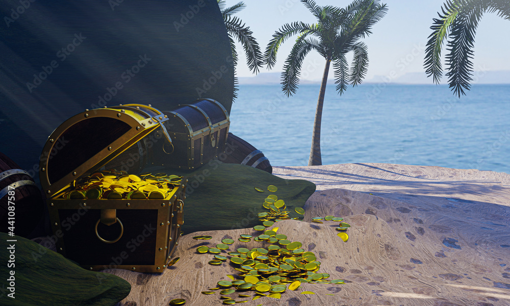 Gold coins are scattered from boxes or treasure chests. wooden treasure ...