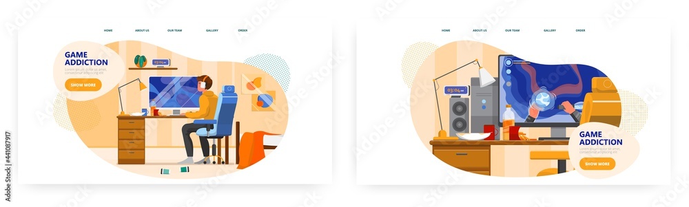 Game addiction landing page design, website banner vector template set ...