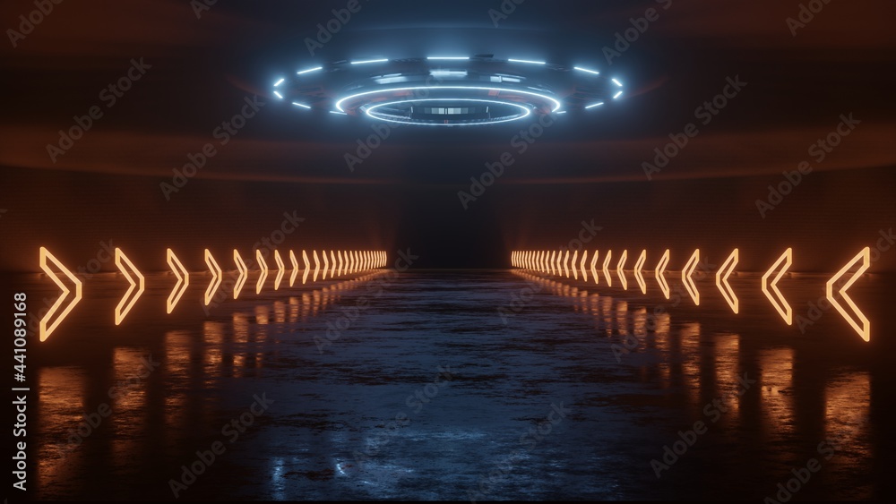 3D Rendering of glowing led neon tubes in arrow shape line up in ...