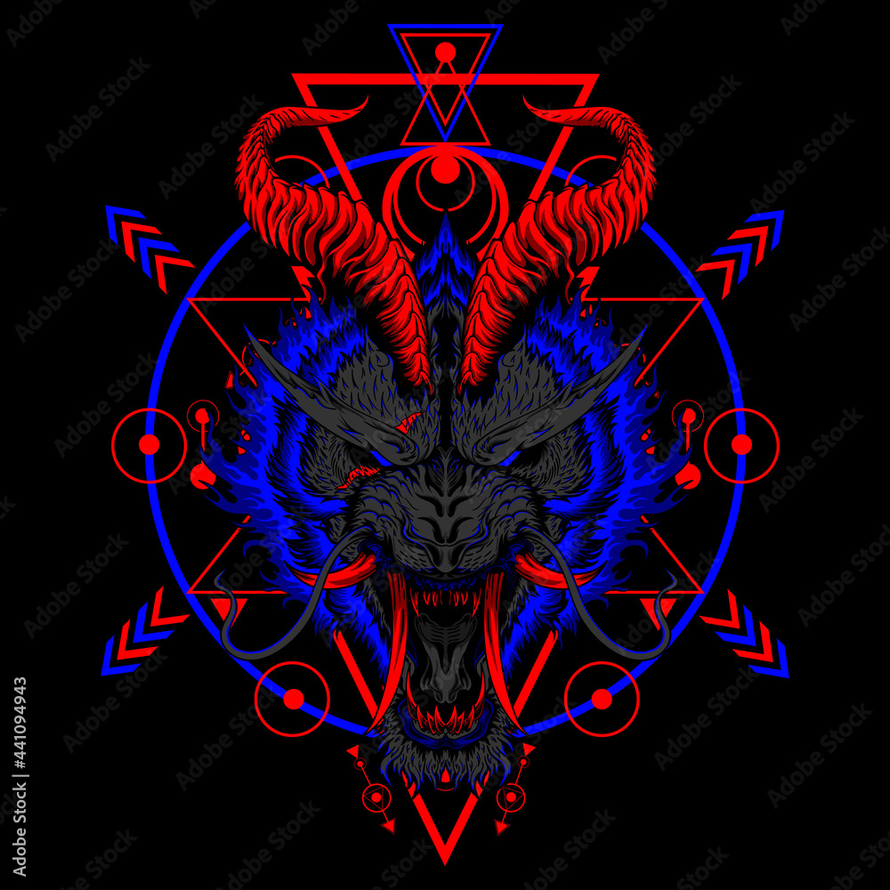 Devil Tiger Mascot Logo with sacred geometry black background can use ...