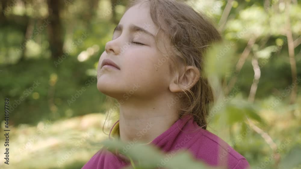 Portrait Child Girl Exhaling Fresh Air, Taking Deep Breath, Reducing ...