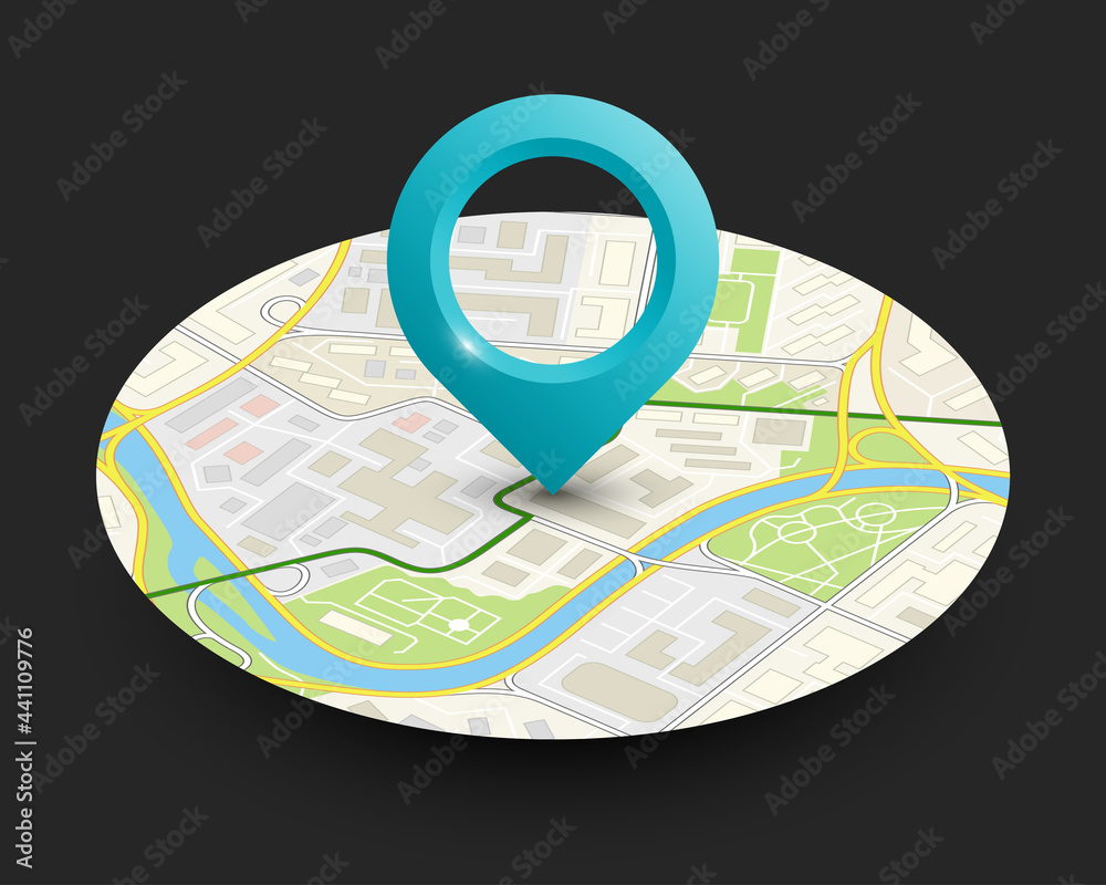Isometric round city map navigation, point marker background, app ...