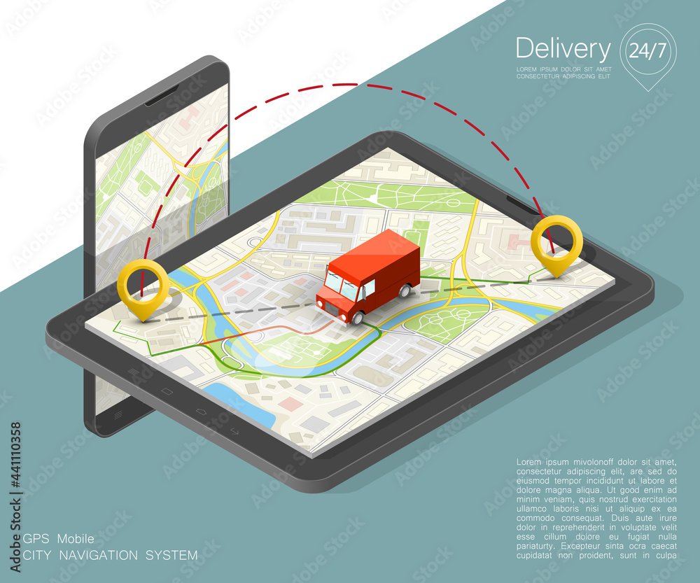 Isometric city map navigation phone point delivery van, app isometric ...
