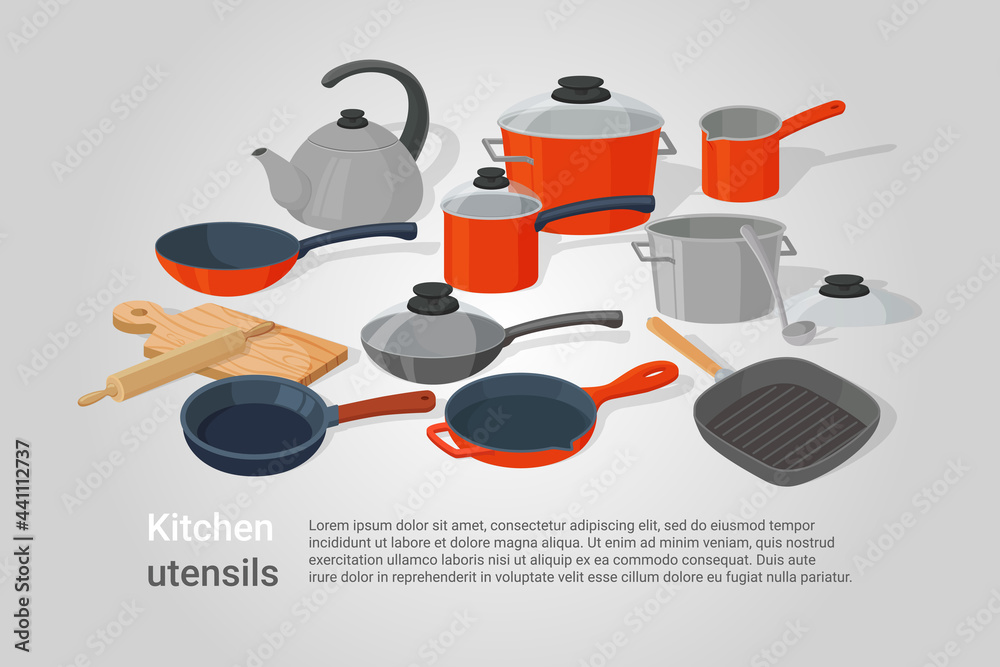 A poster of a set of kitchen utensils with realistic shadows.Vector ...