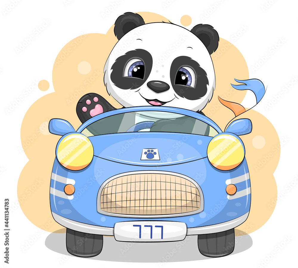 Cute cartoon panda drives a blue car. Vector illustration of an animal ...