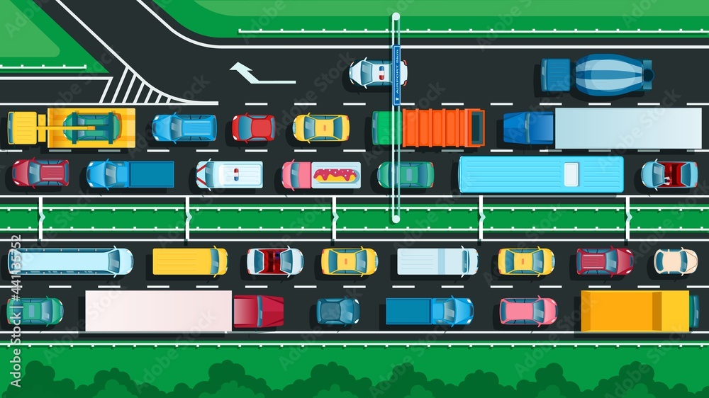Top view highway with traffic jam. Many different cars on city street ...