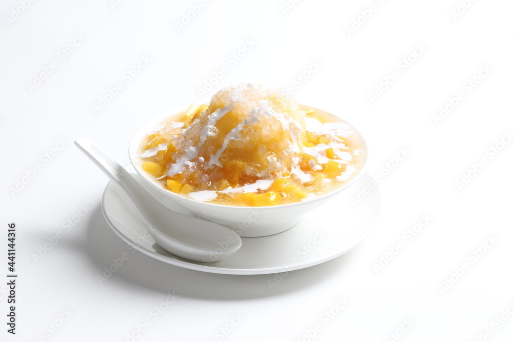 chilled fresh mango fruit sago ice snow kacang sweet dessert with ...