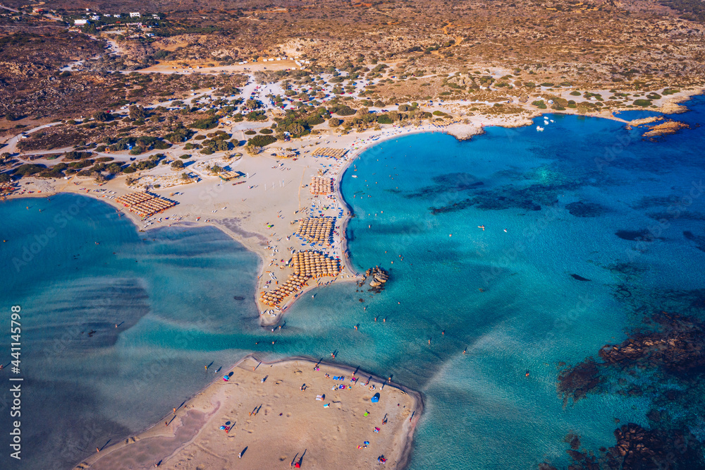 Aerial drone shot of beautiful turquoise beach with pink sand ...