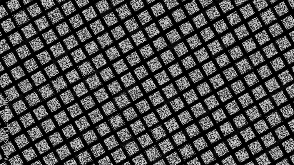 Abstract diagonal rows of square shaped black and white QR codes moving ...