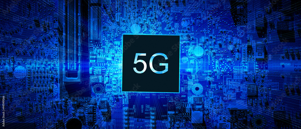 5g wireless. Digital computer motherboard with 5g mobile phone chip on ...