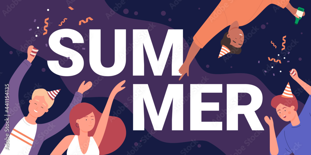 Happy people dance at fun summer party vector illustration. Cartoon ...