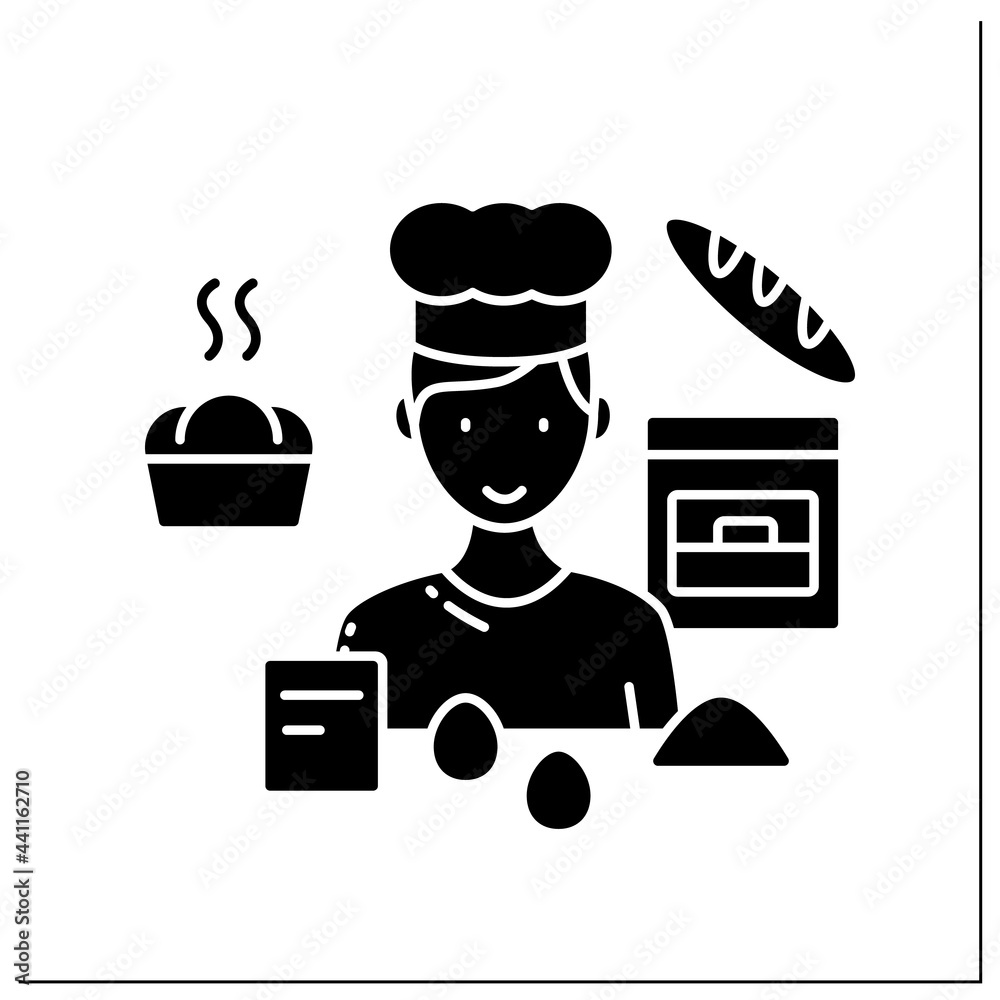 Baking glyph icon. Man bakes bread, cakes, buns. Individual ...
