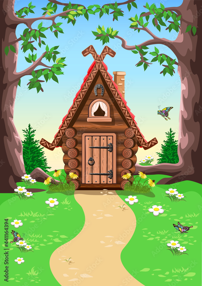 A fairy tale hut made of logs with carved trim on the roof, a chimney ...