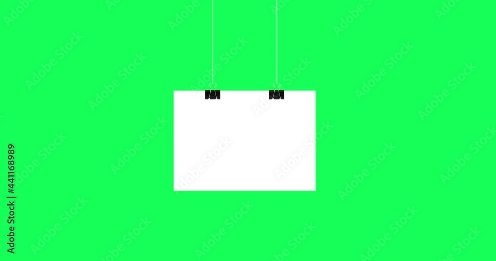 paper hanging on clip moving animated video. white sheet banner on ...