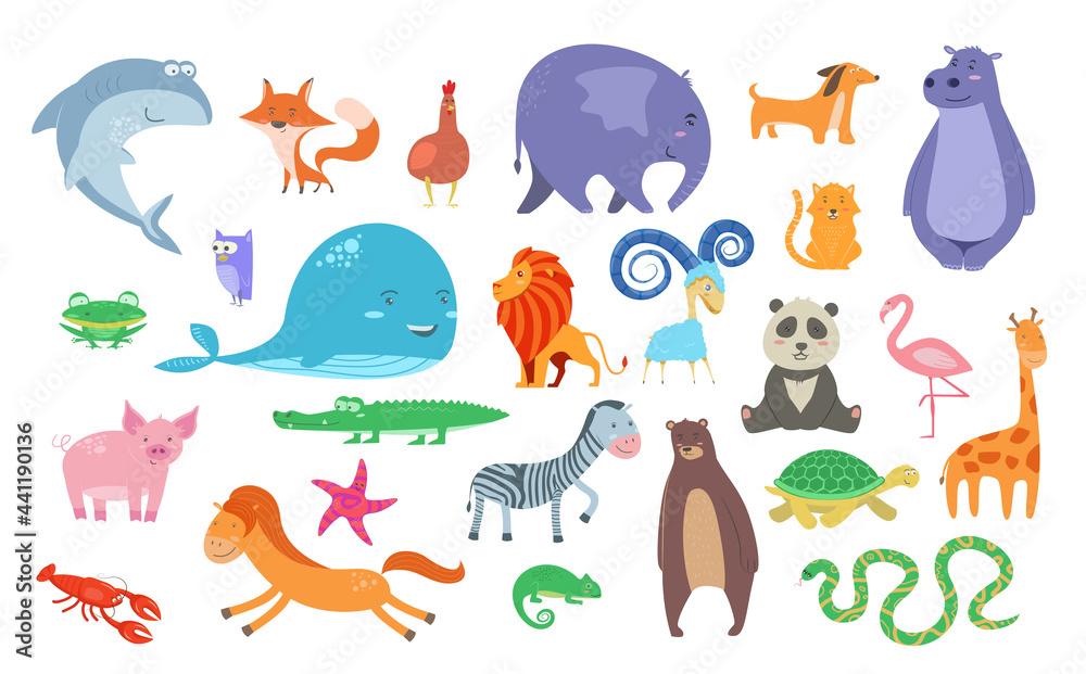 Set of Cute cartoon wild and farm domestic animals and birds isolated ...