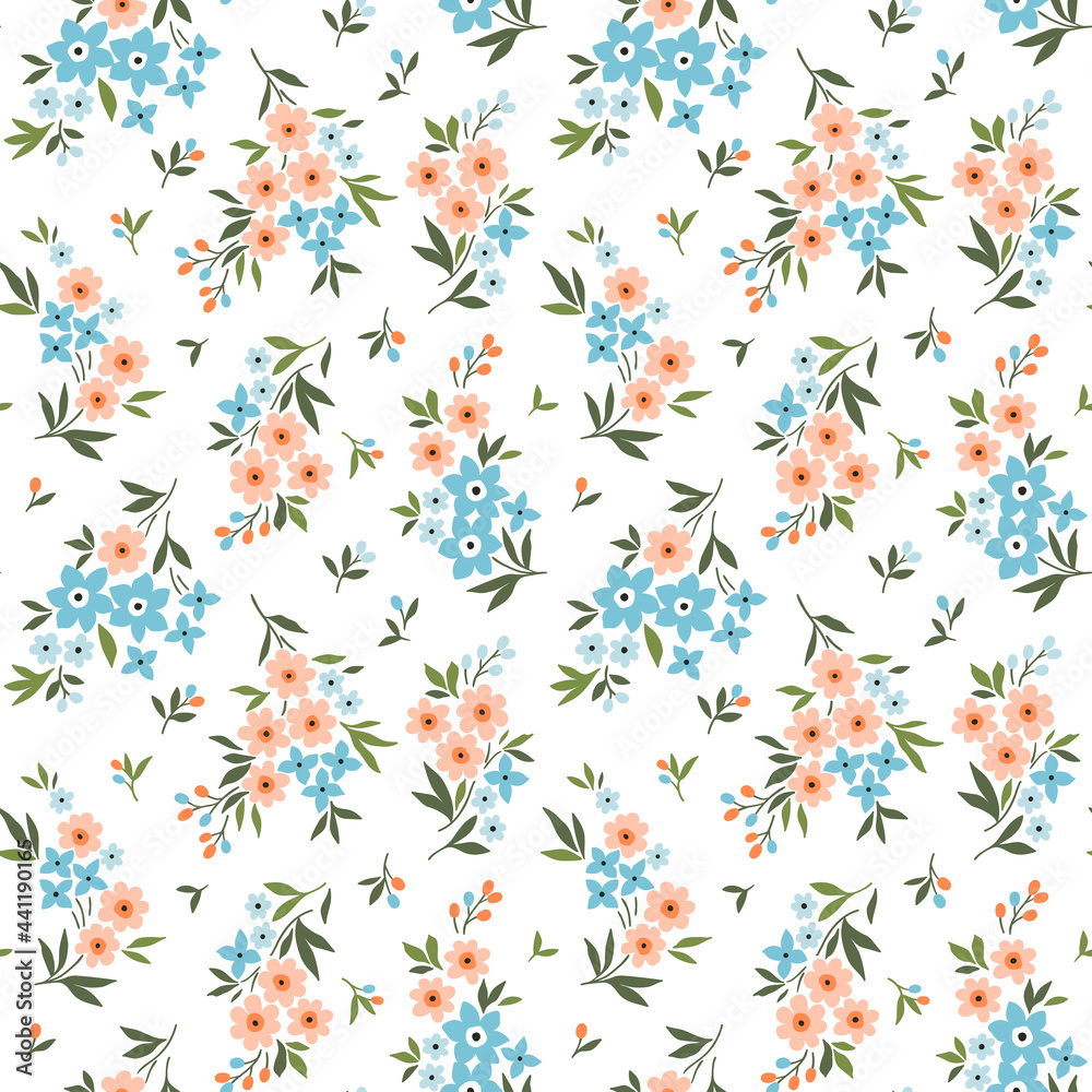 Seamless floral pattern. Ditsies background of small coral and pale ...
