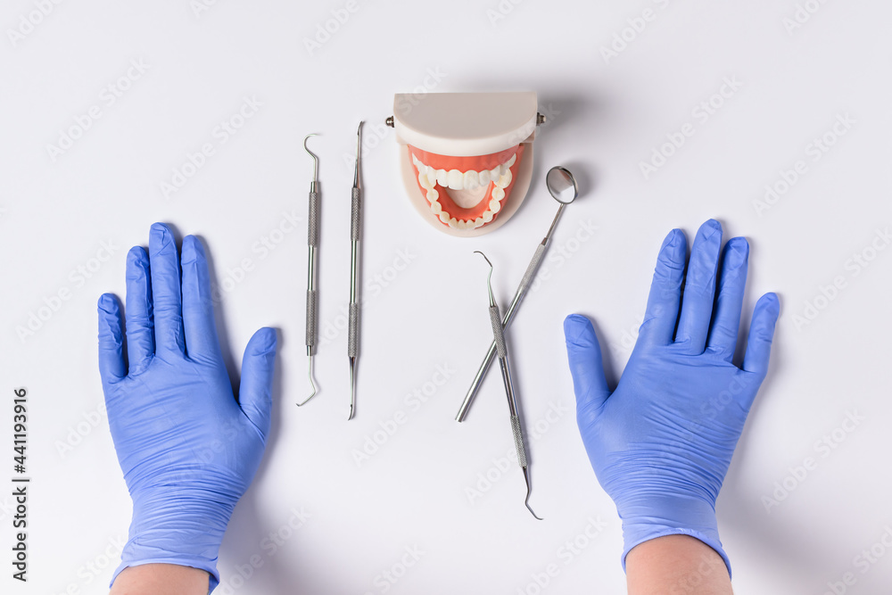 Dentist hands working with teeth model and dentist tool on white ...
