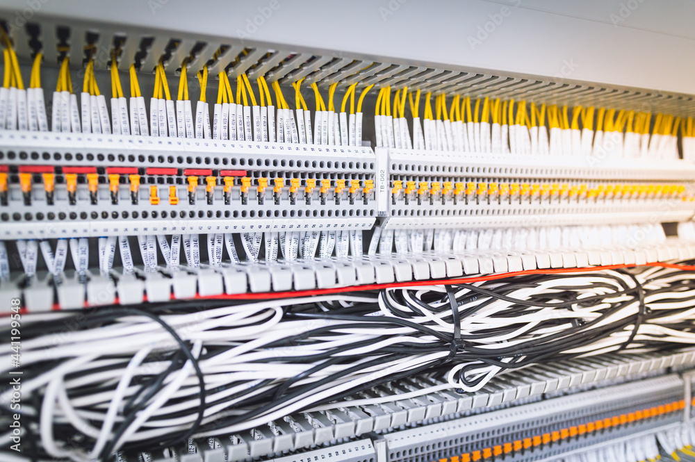 Wiring PLC Control panel with wires industrial factory.Wiring terminals ...