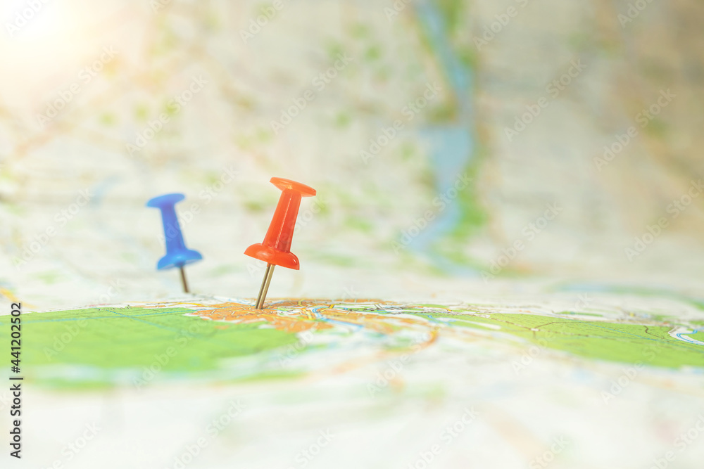 Travel map background with red and blue pin, red point marker concept ...